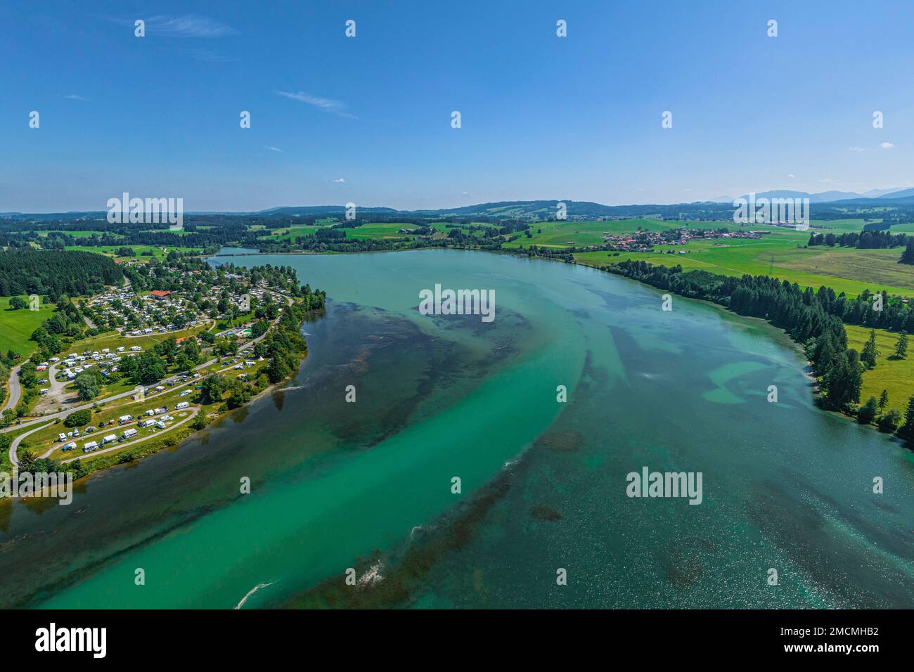 Aerial view to Lechbruck on Lech Lake and the region called ...