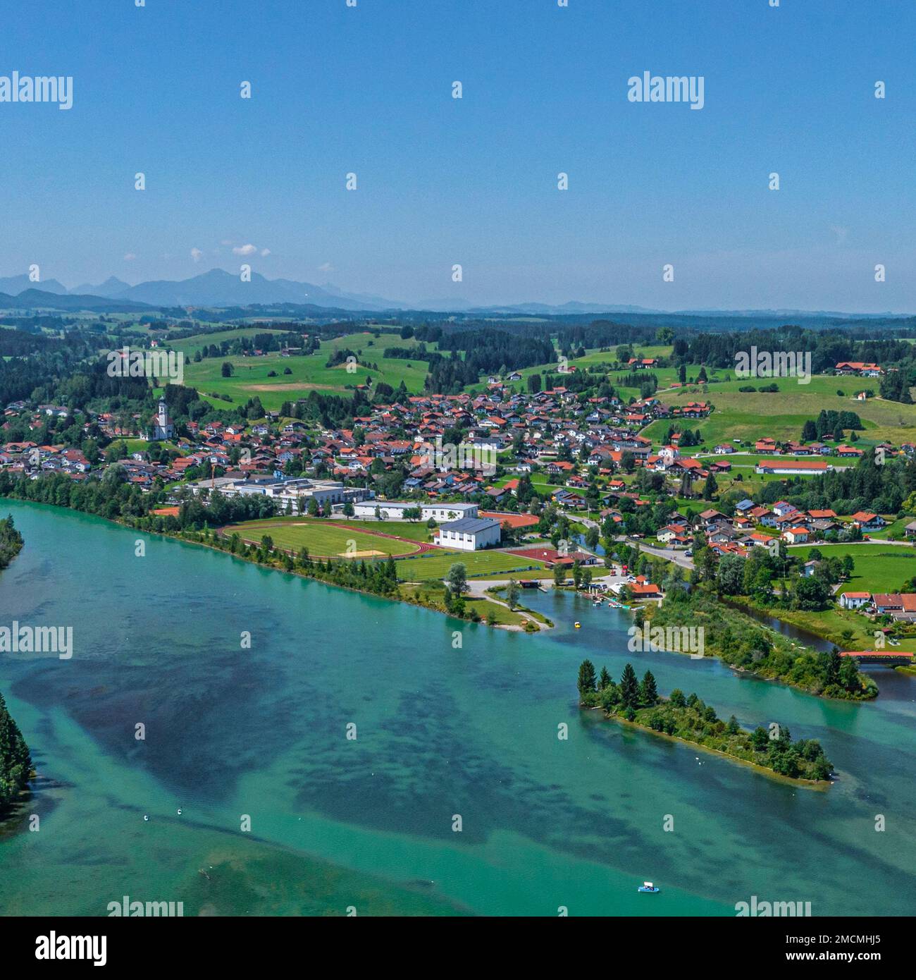 Aerial view to Lechbruck on Lech Lake and the region called ...
