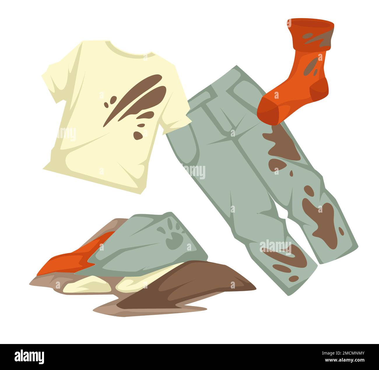 Laundry dirty clothes pile mud stains housework or household chore ...