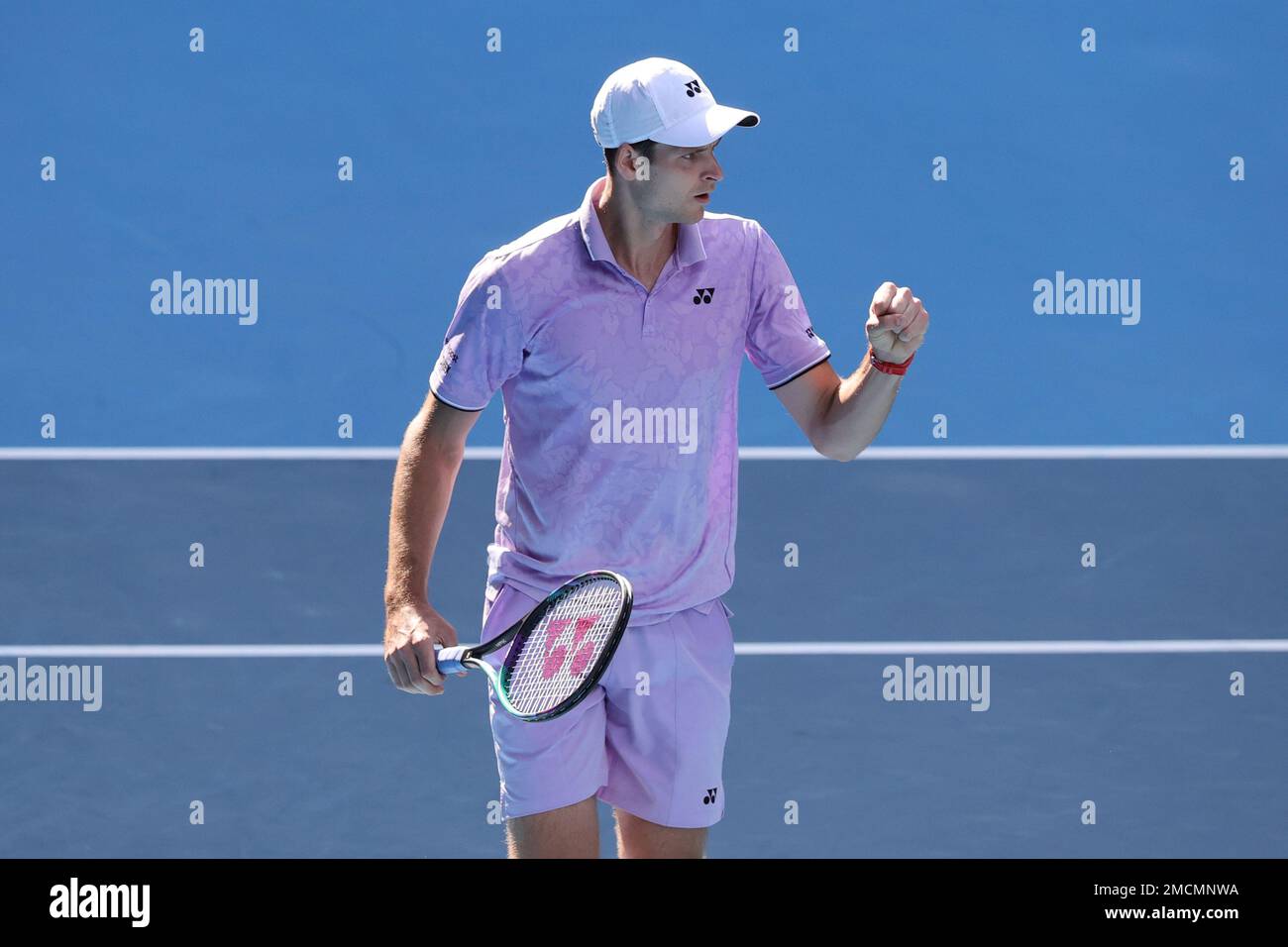Melbourne, Australia. 22nd Jan, 2023. Hubert Hurkacz of Poland reacts during round 4 match ...