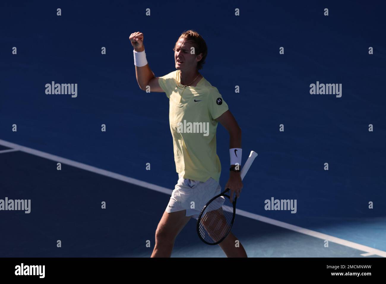 Melbourne, Australia. 22nd Jan, 2023. Sebastian Korda of USA reacts during round 4 match between ...