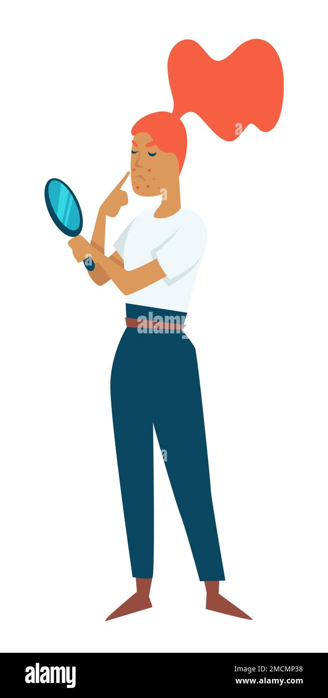 Teen problem acne puberty skin girl with mirror isolated female ...