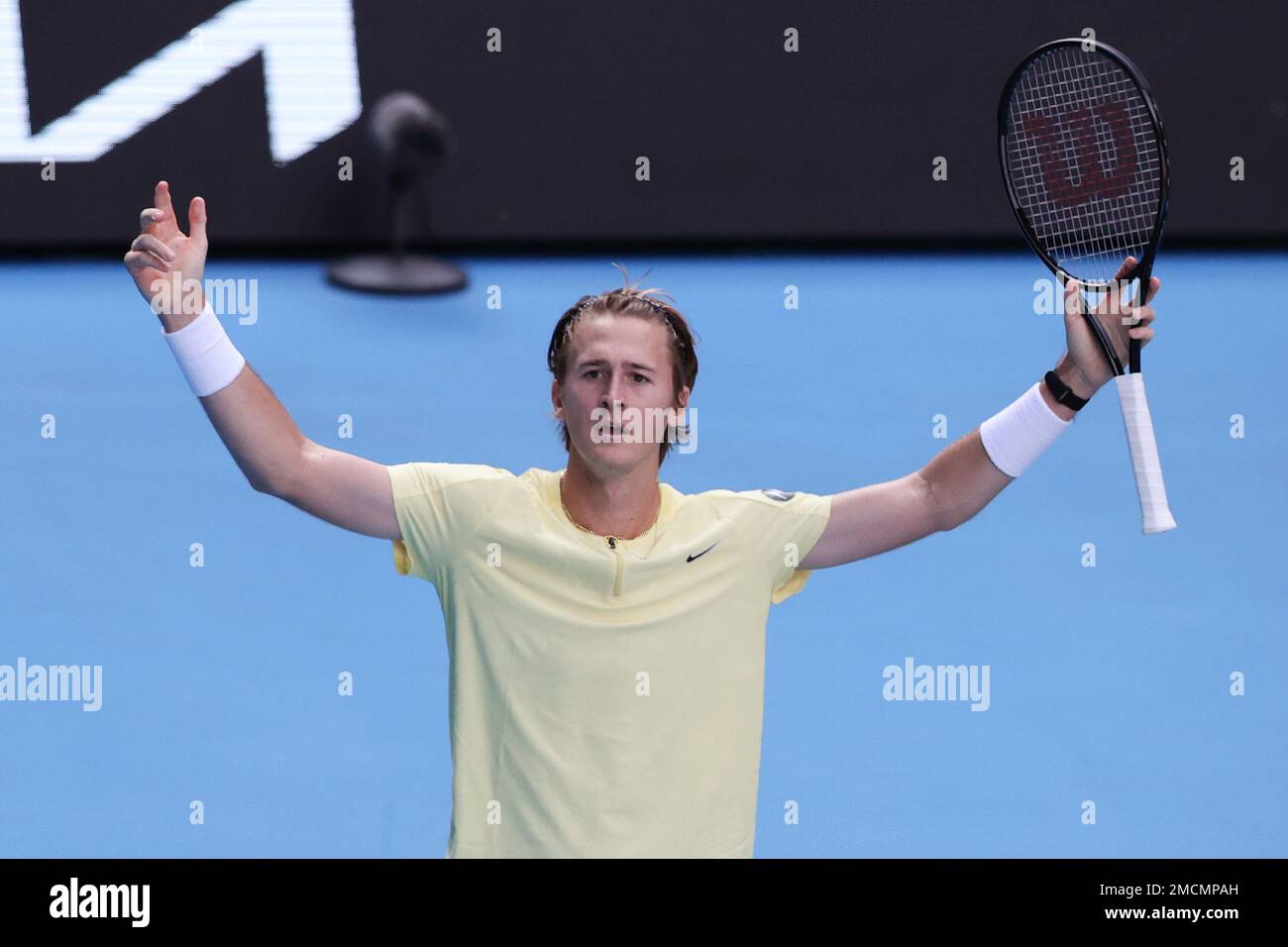 Melbourne, Australia. 22nd Jan, 2023. Sebastian Korda of USA reacts after defeating Hubert ...
