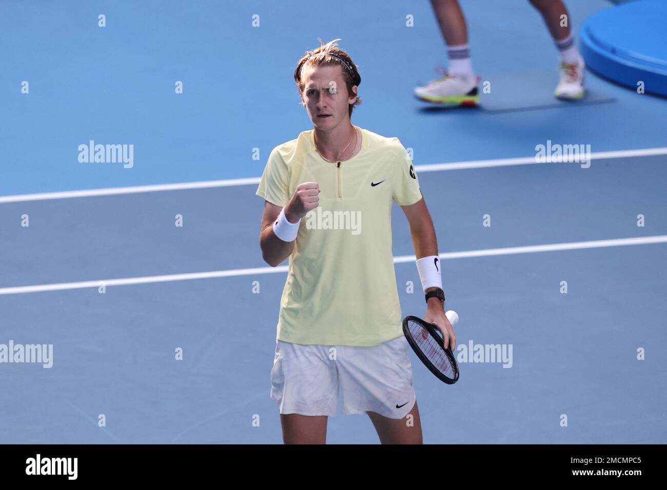 Melbourne, Australia. 22nd Jan, 2023. Sebastian Korda of USA reacts during round 4 match between ...