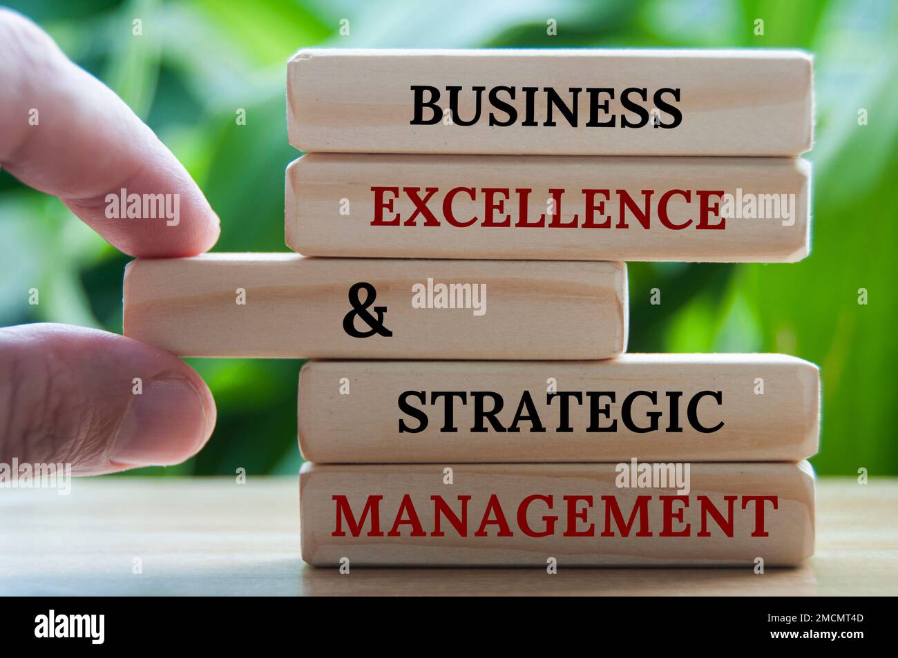 Business excellence and strategic management text on wooden blocks ...