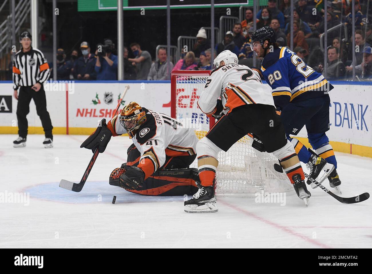 Anaheim Ducks' Anthony Stolarz (41) makes a save against St. Louis ...