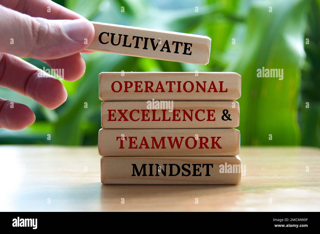 Cultivate operational excellence and teamwork mindset text on wooden ...