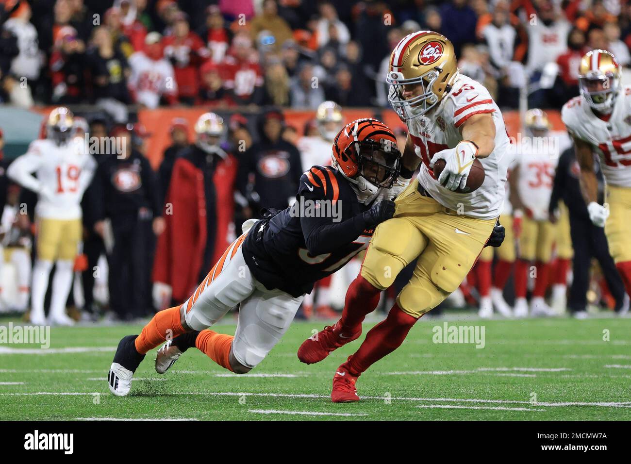 San Francisco 49ers' George Kittle (85) is tackled by Cincinnati ...