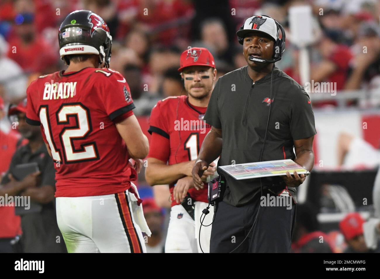 Tampa Bay Buccaneers quarterback Tom Brady (12) talks to offensive ...