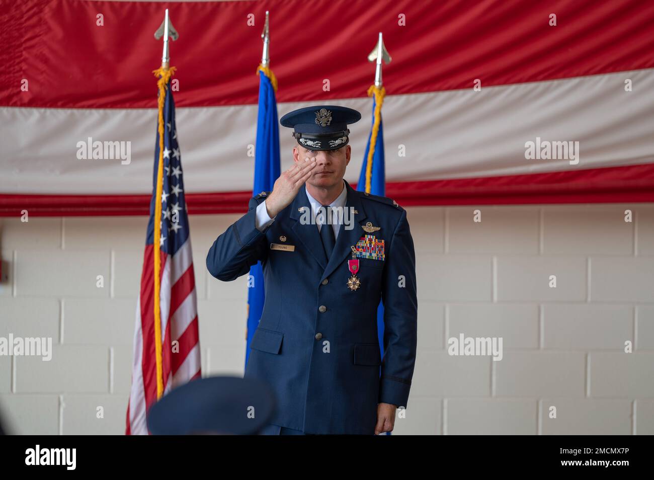 Col. James Young, outbound 317th Airlift Wing commander, renders his ...