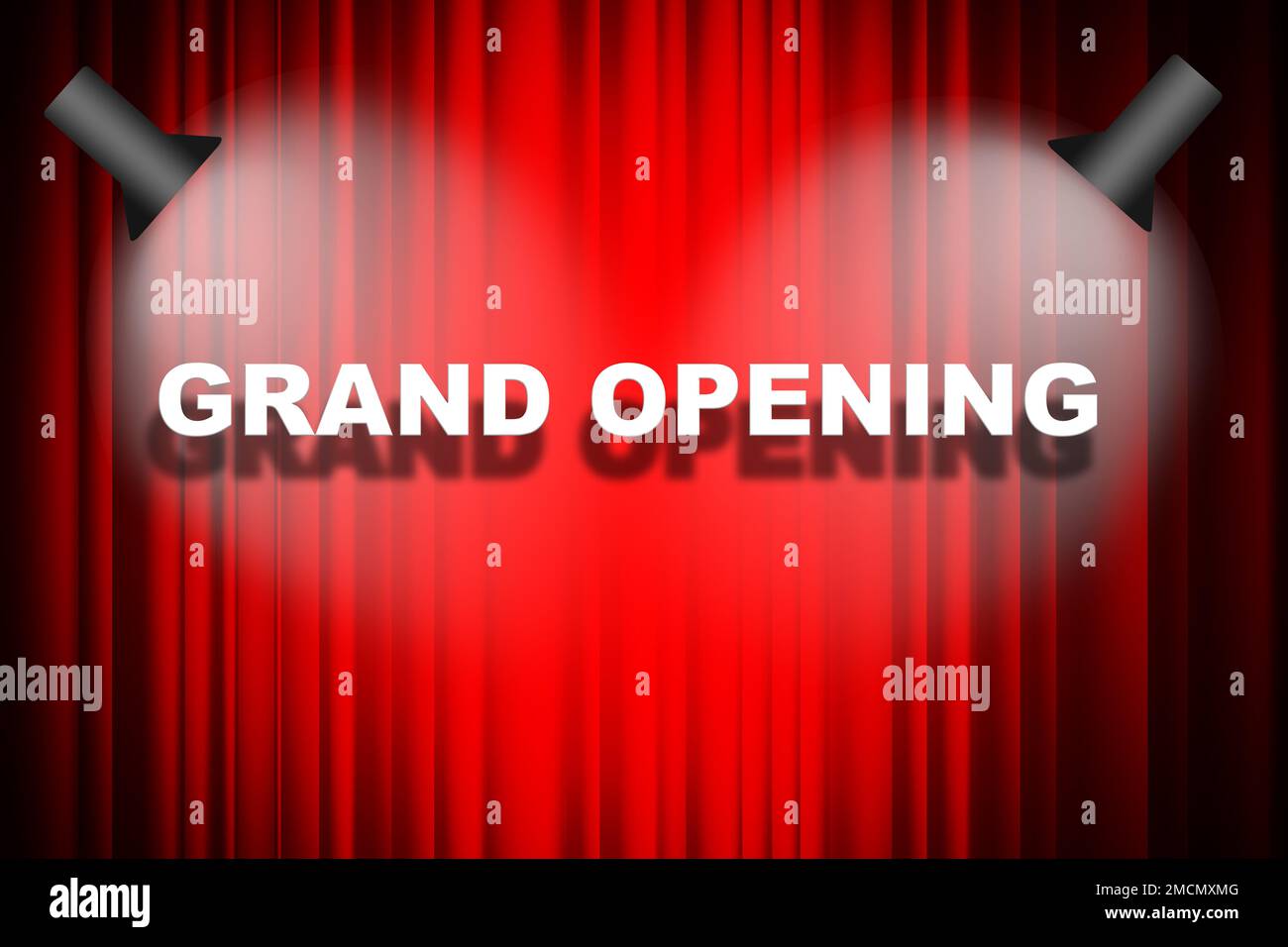 Grand opening word on banner with red curtains, 3d rendering Stock ...