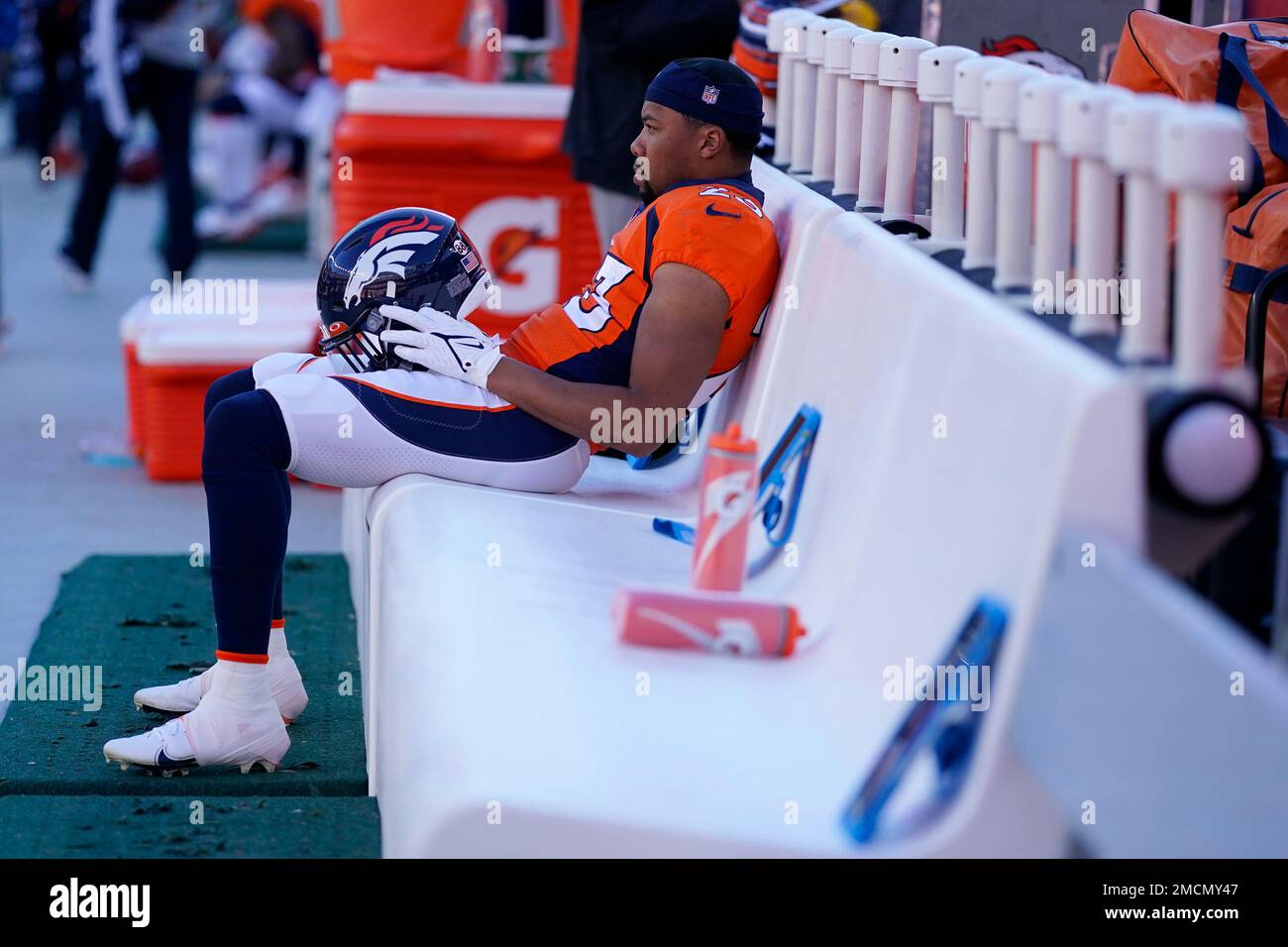 Denver Broncos cornerback Kyle Fuller (23) sits on the bench during the ...