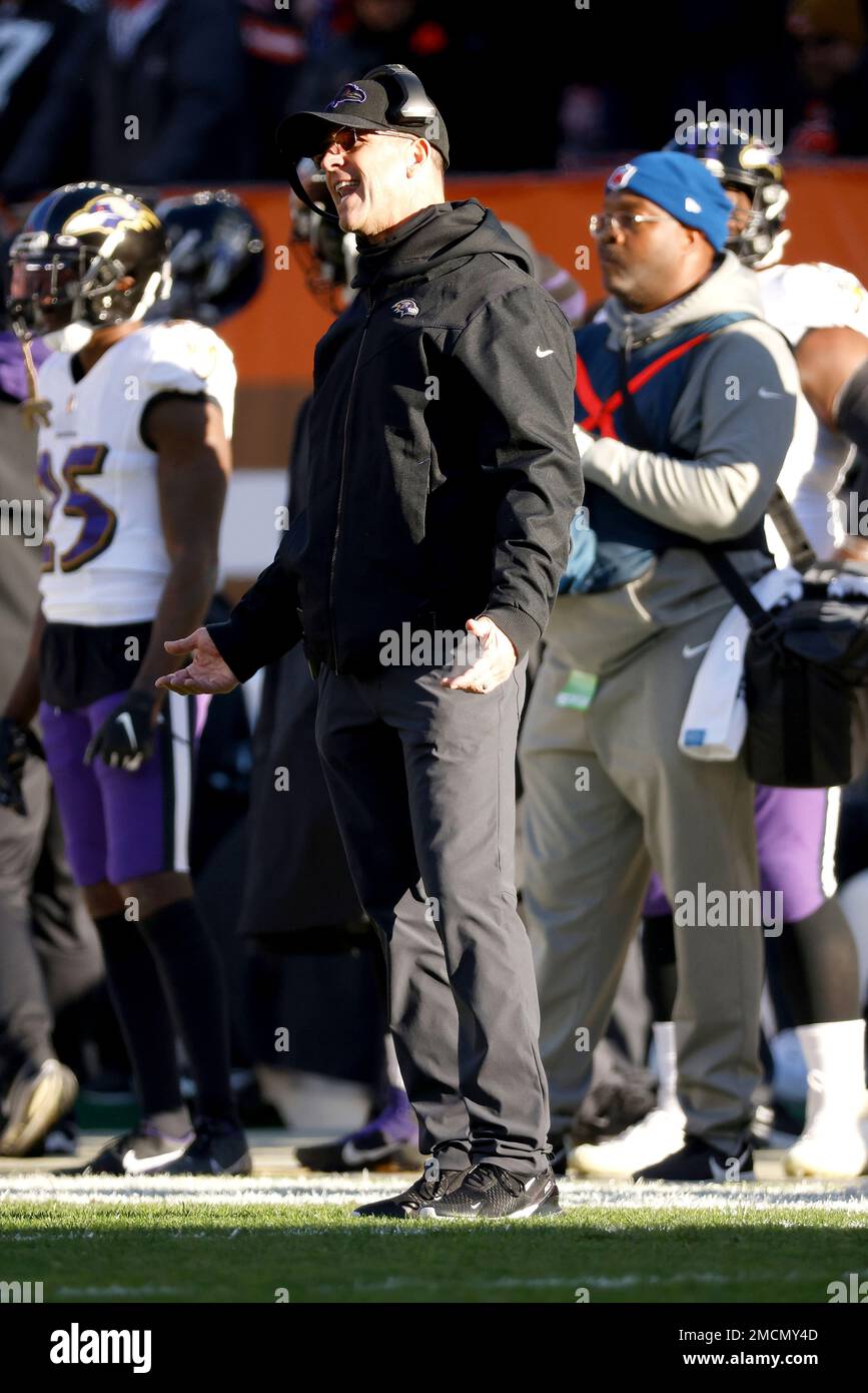 Baltimore Ravens head coach John Harbaugh argues a call with an ...