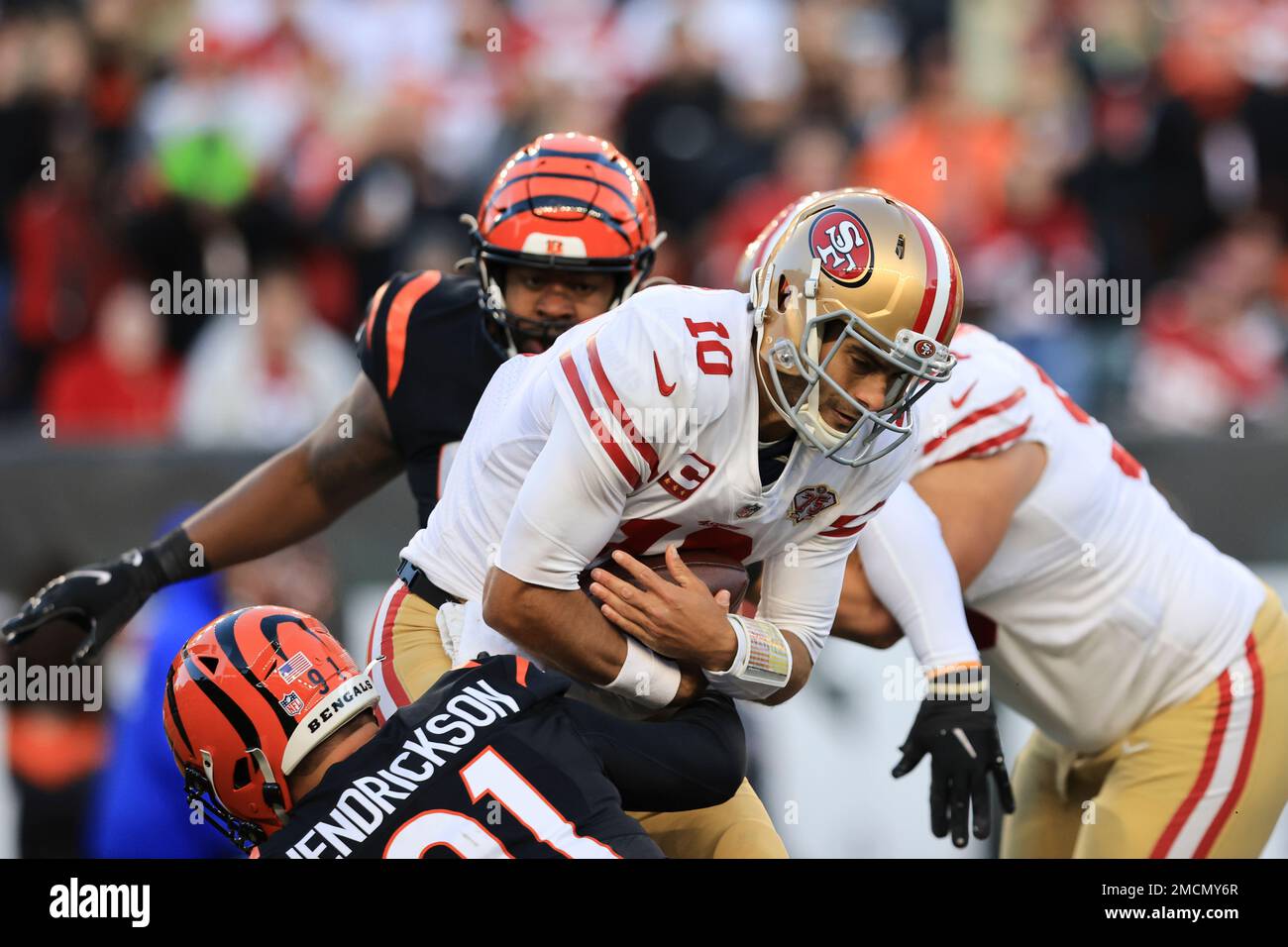 San Francisco 49ers quarterback Jimmy Garoppolo (10) is tackled by ...