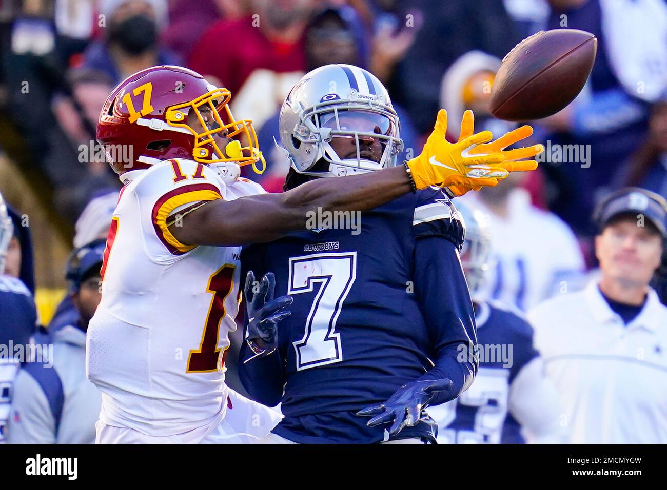 Dallas Cowboys cornerback Trevon Diggs (7) breaks up a pass intended ...