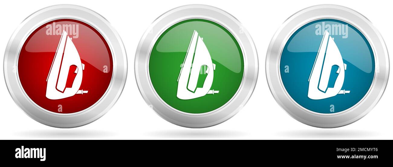 Iron vector icon set. Red, blue and green silver metallic web buttons ...