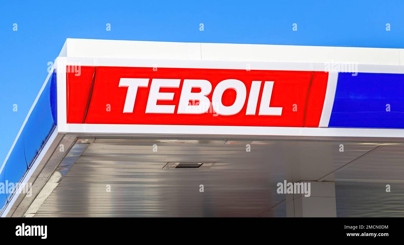 Samara, Russia - January 19, 2023: Teboil gas station logo with blue sky background. Teboil is a ...