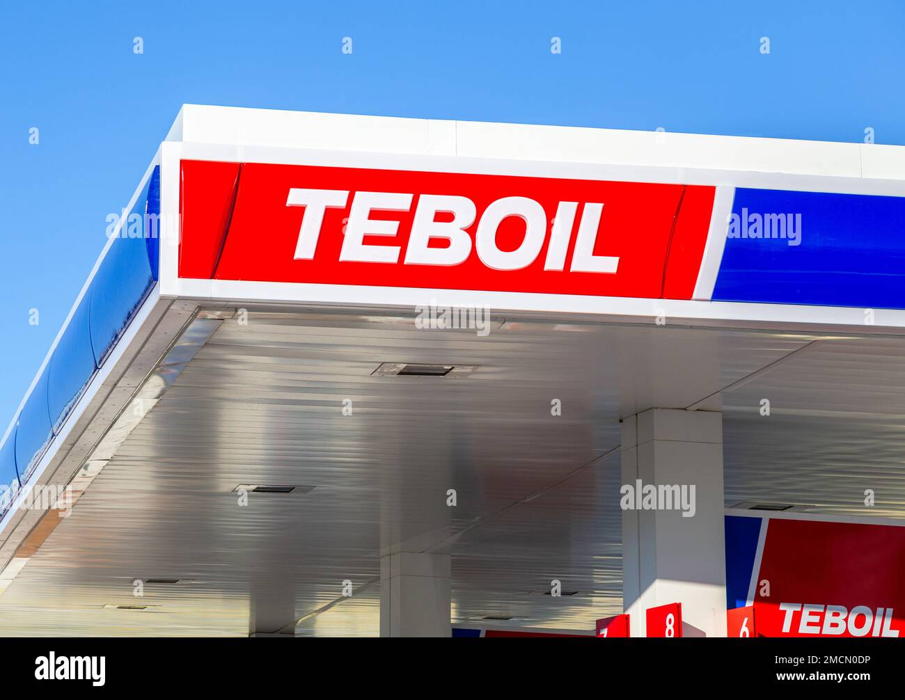 Samara, Russia - January 19, 2023: Teboil gas station logo with blue sky background. Teboil is a ...