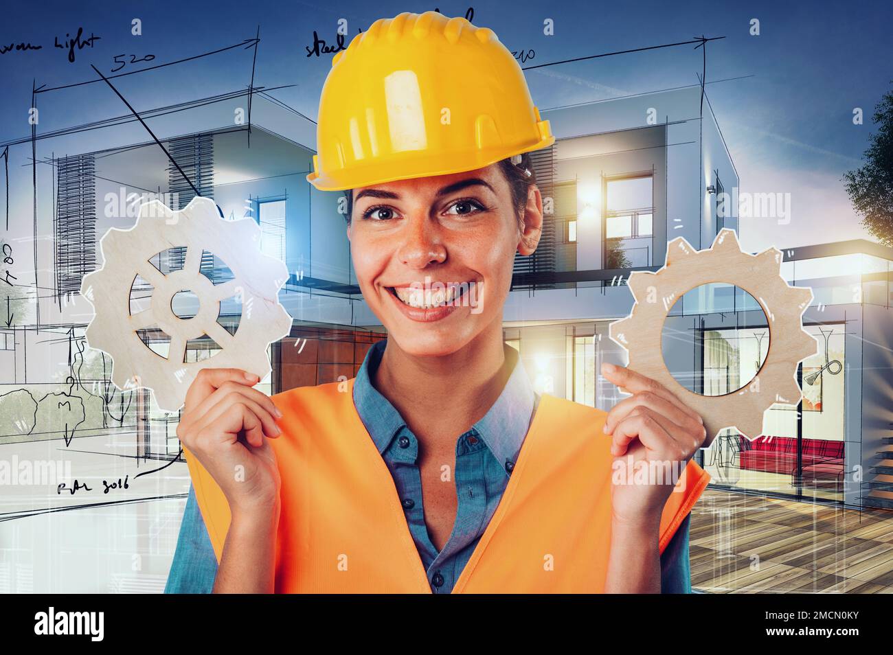 Engineer woman build house and joins pieces of gears as concept of ...