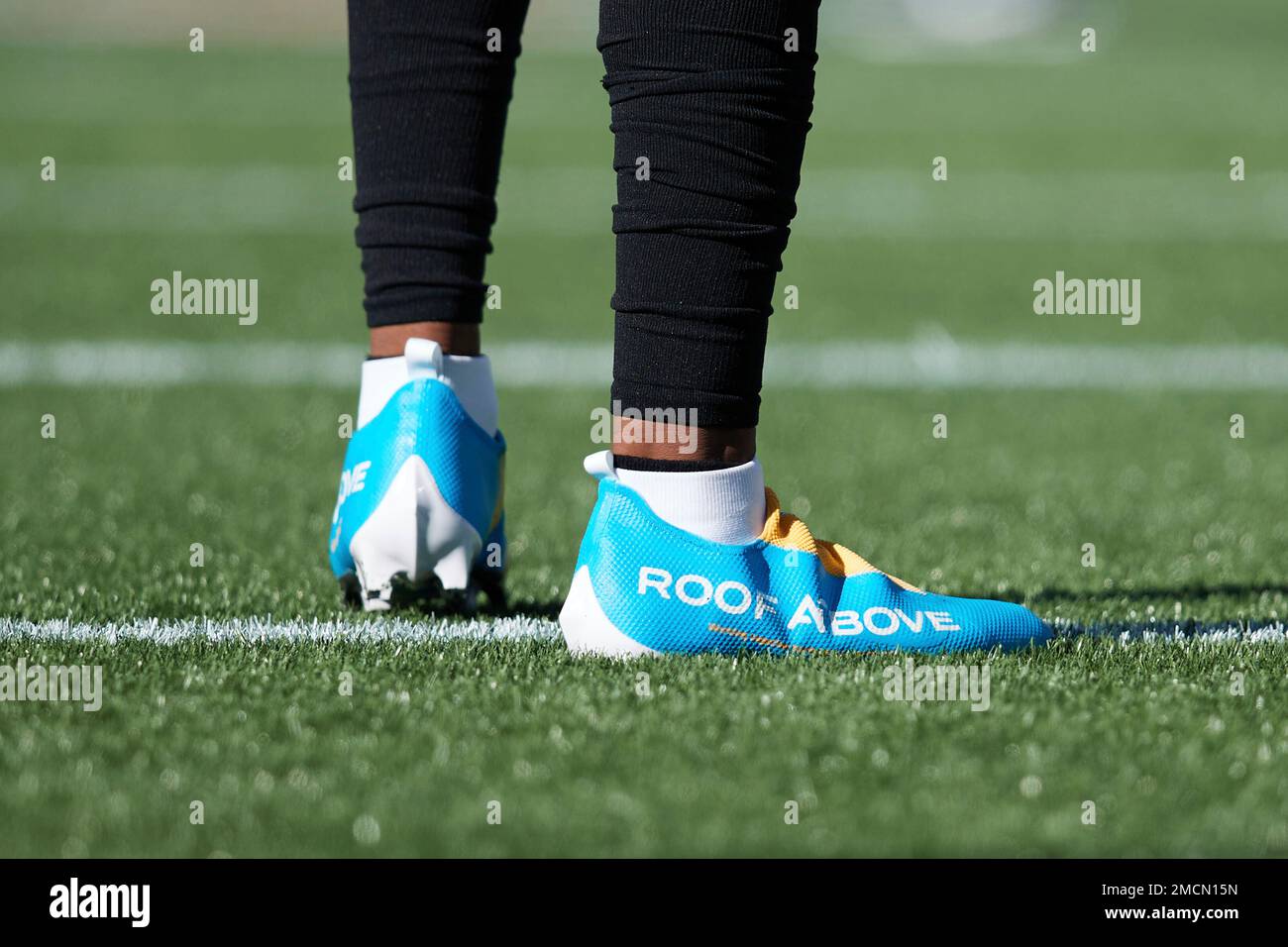 A closeup of the cleats worn by Carolina Panthers safety Jeremy Chinn ...