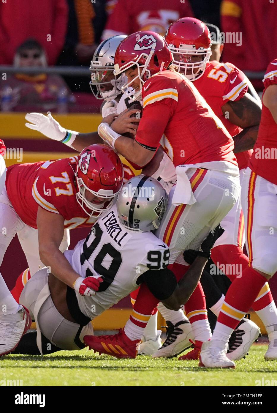 Kansas City Chiefs quarterback Patrick Mahomes (15) is sacked by Las ...
