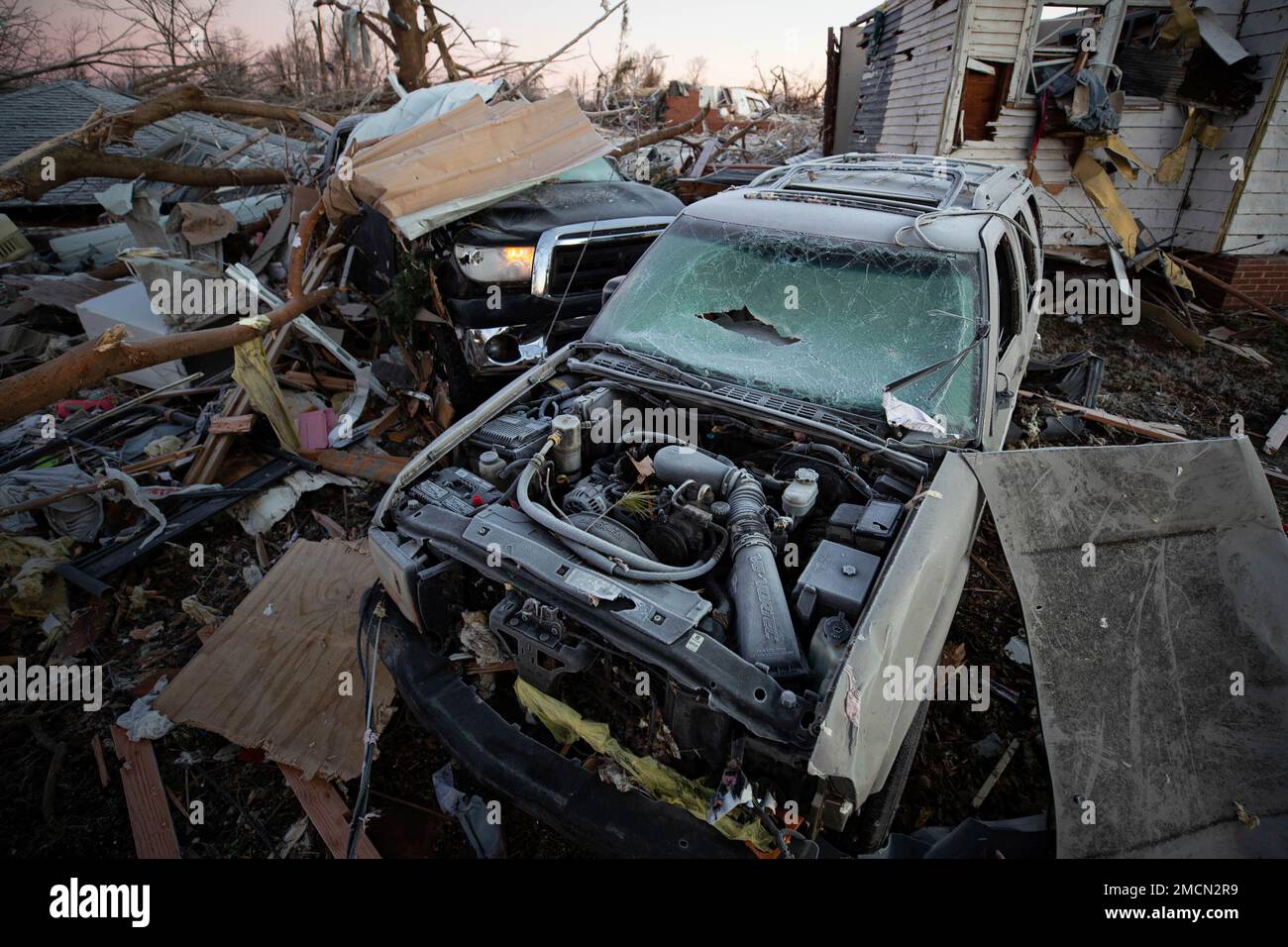 Car sit destroyed among debris after a tornado in Dawson Springs, Ky ...