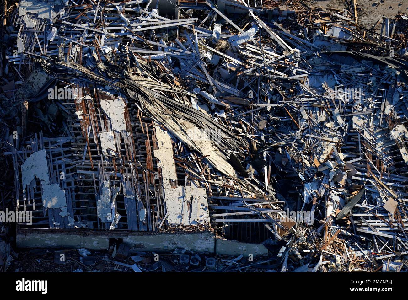 Collapsed buildings are seen in this aerial photo, in the aftermath of ...