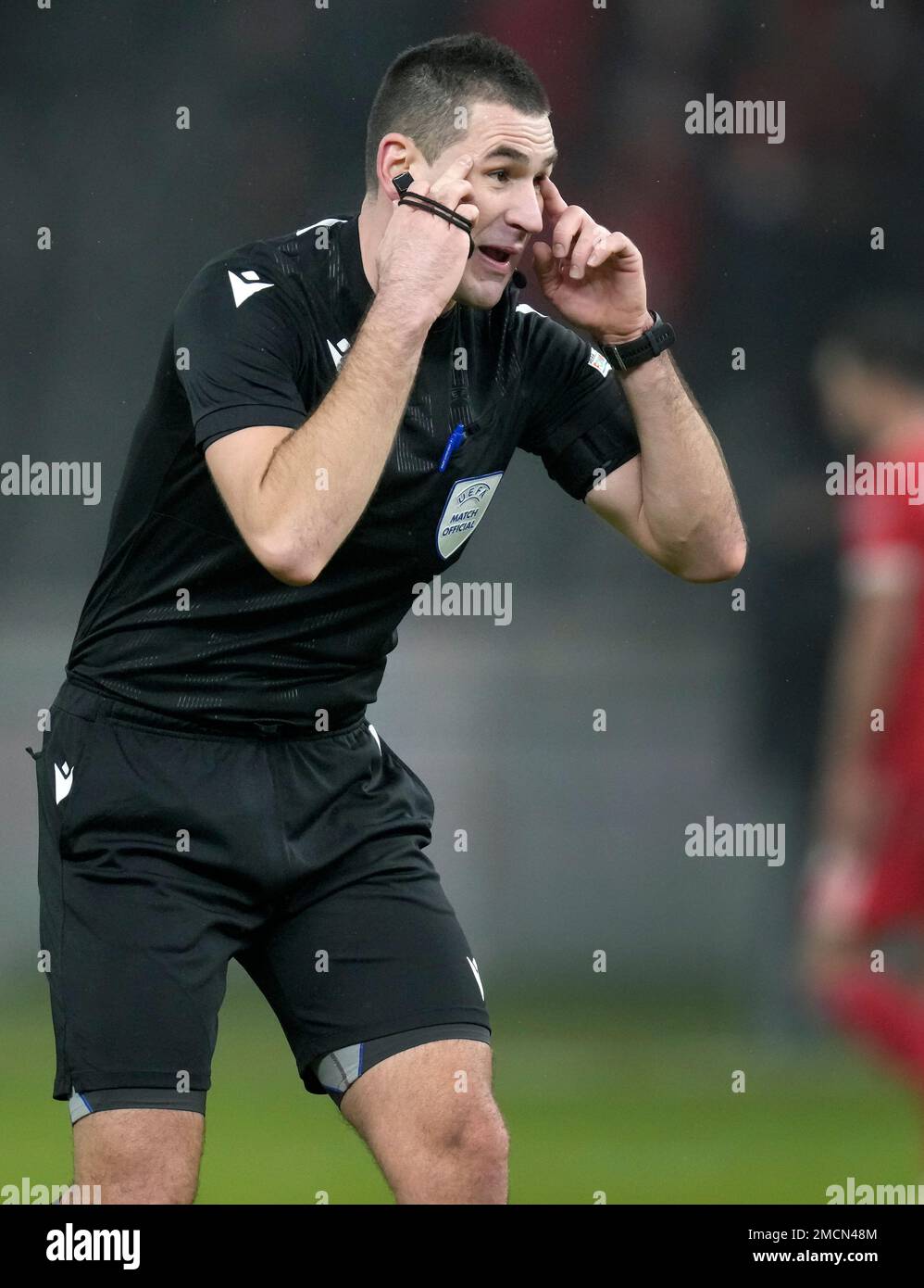 Referee Rade Obrenovic gestures during the Europa Conference League ...