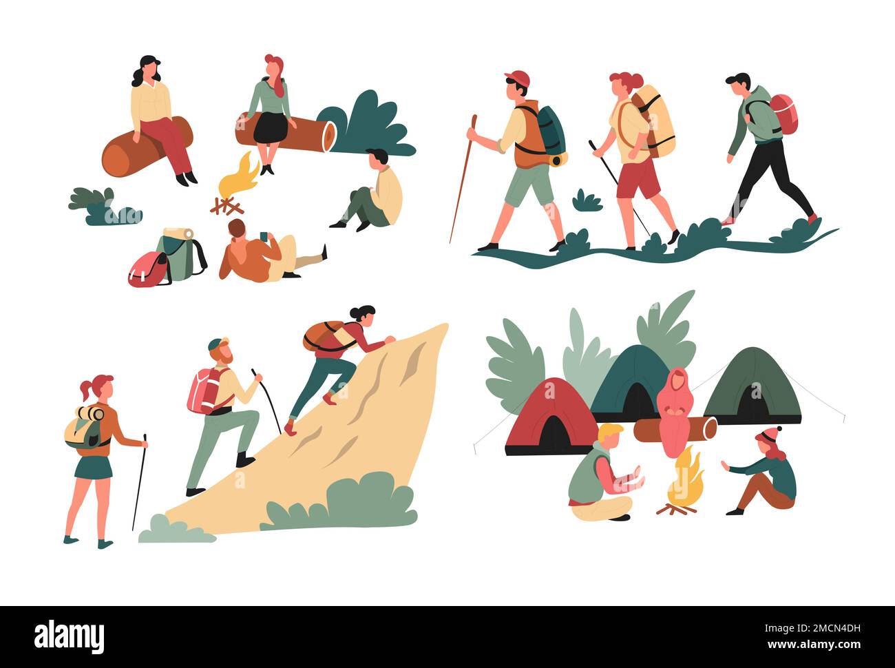 Hiking friends backpacking and camping mountains and forest isolated ...