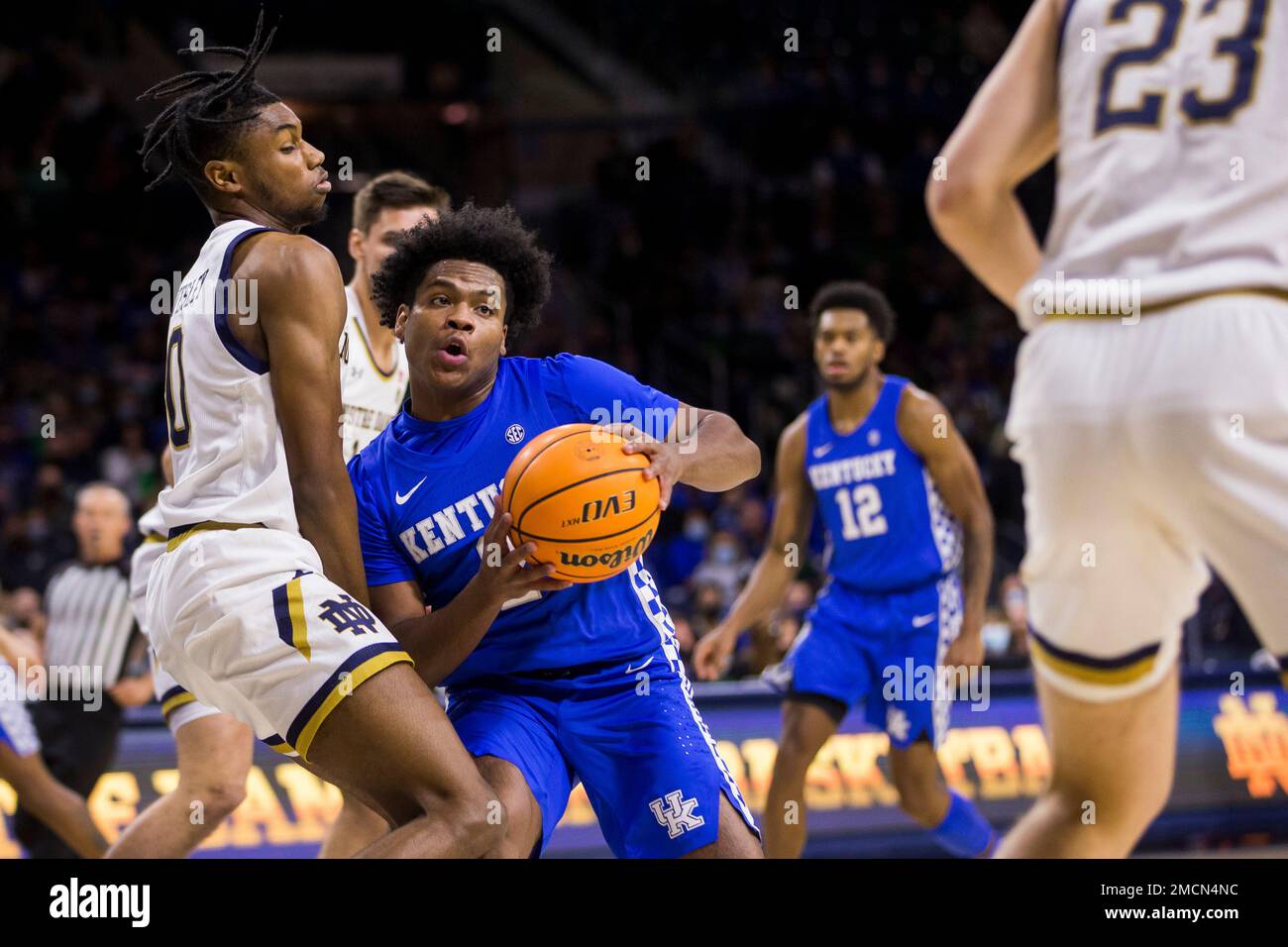 Kentucky's Sahvir Wheeler (2) bumps into Notre Dame's Blake Wesley (0 ...