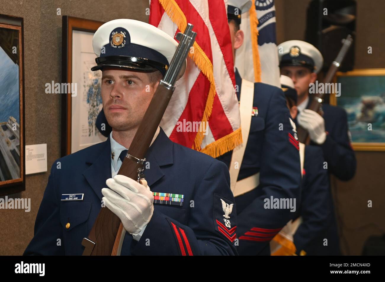 Members of the U.S. Coast Guard Sector New York Color Guard prepare to ...