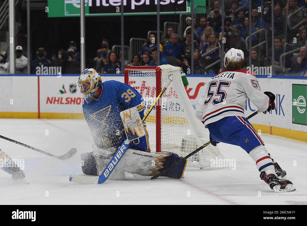 St. Louis Blues' Charlie Lindgren (39) makes a save during the first ...