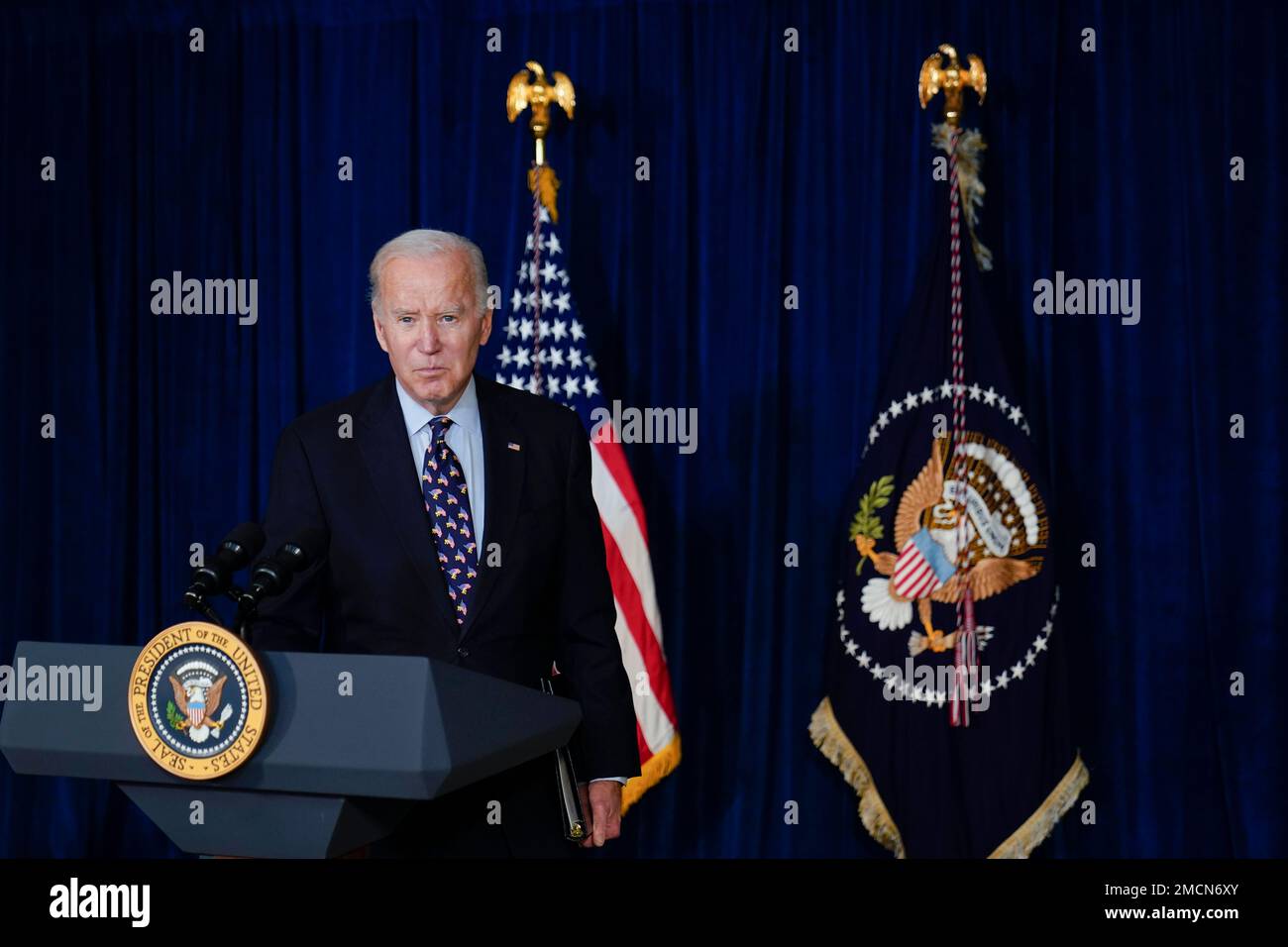 President Joe Biden pauses as he leaves after speaking at the Chase Center in Wilmington, Del ...