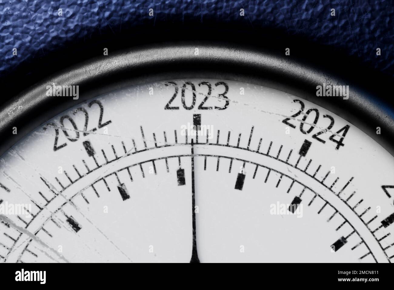 Round temperature gauge with cutoffs 2023 and other years isolated on a ...