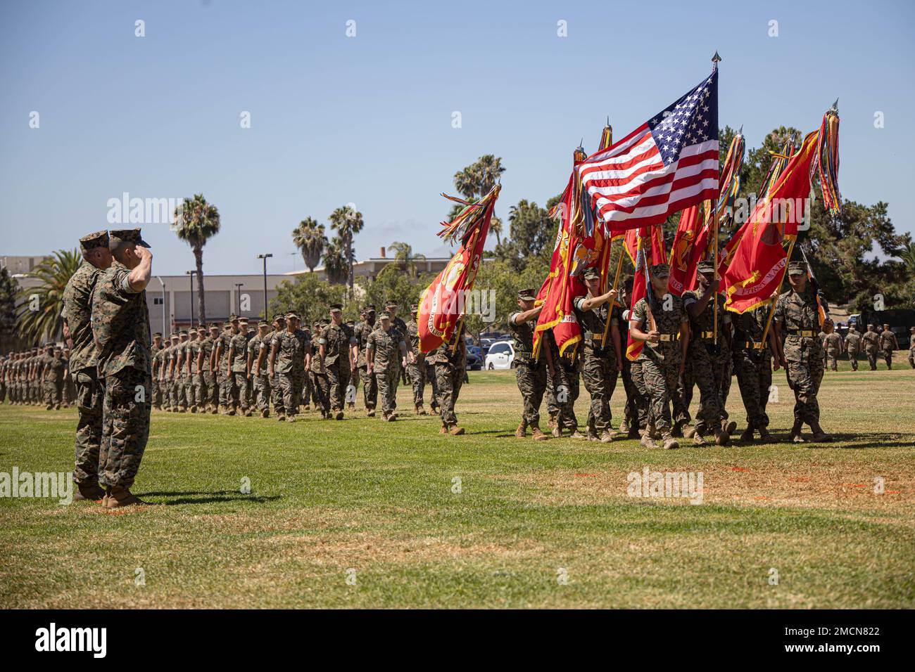 U.S. Marines with 1st Marine Division color guard, present the colors ...