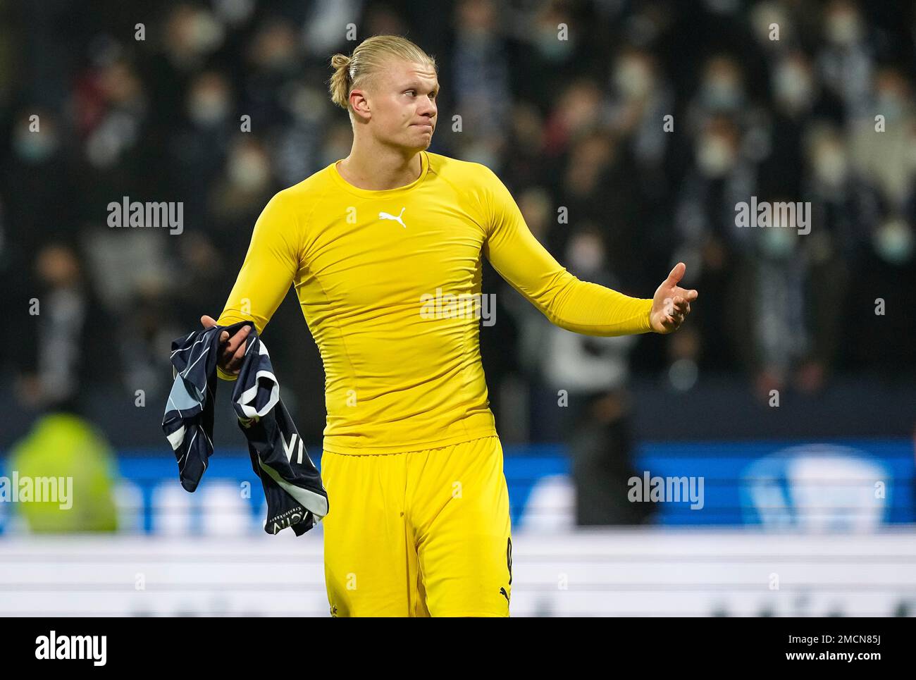 Dortmund's Erling Haaland reacts disappointed to fans after the German ...