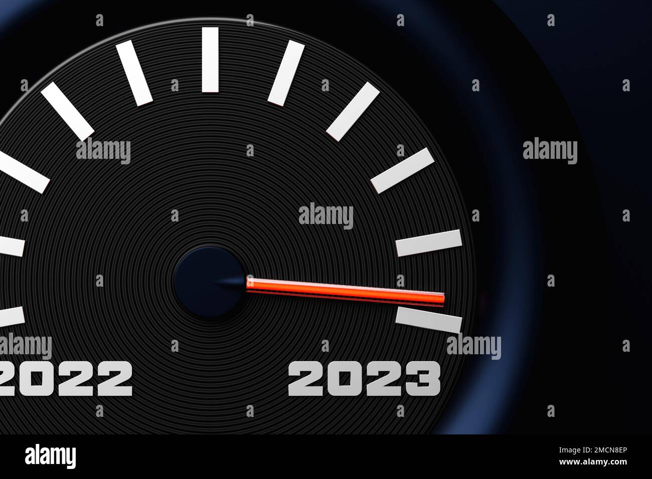 3D illustration close up black speedometer with cutoffs 2022,2023 and ...