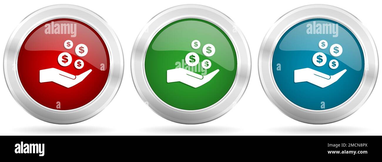 Money, cash vector icon set. Red, blue and green silver metallic web ...