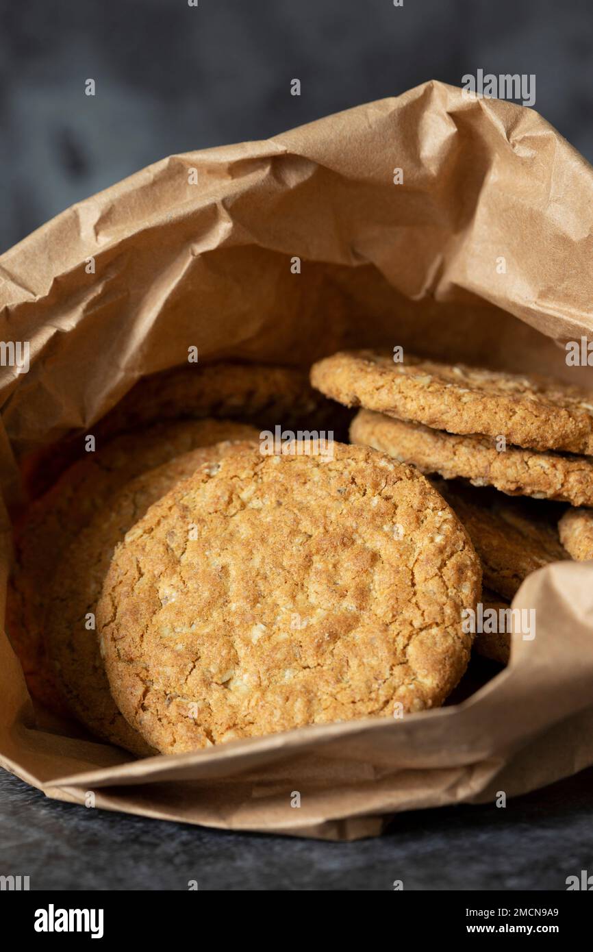 Oat biscuits cookies in a brown paper bag. Eco friendly recycling ...