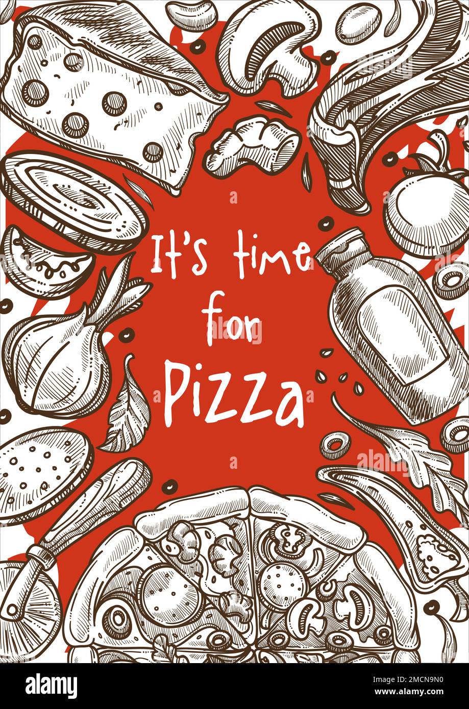 Pizza ingredients sketch frame pizzeria poster Italian cuisine Stock ...
