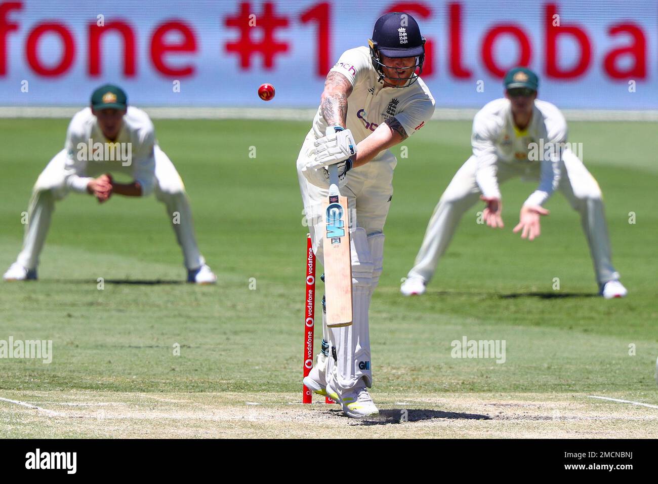 England's Ben Stokes bats during day four of the first Ashes cricket ...