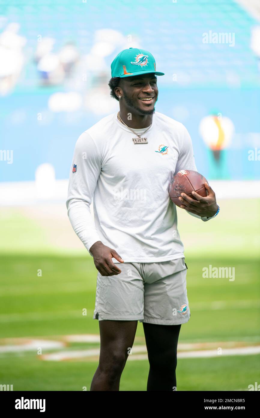 Miami Dolphins cornerback Trill Williams (6) smiles as he holds a ...