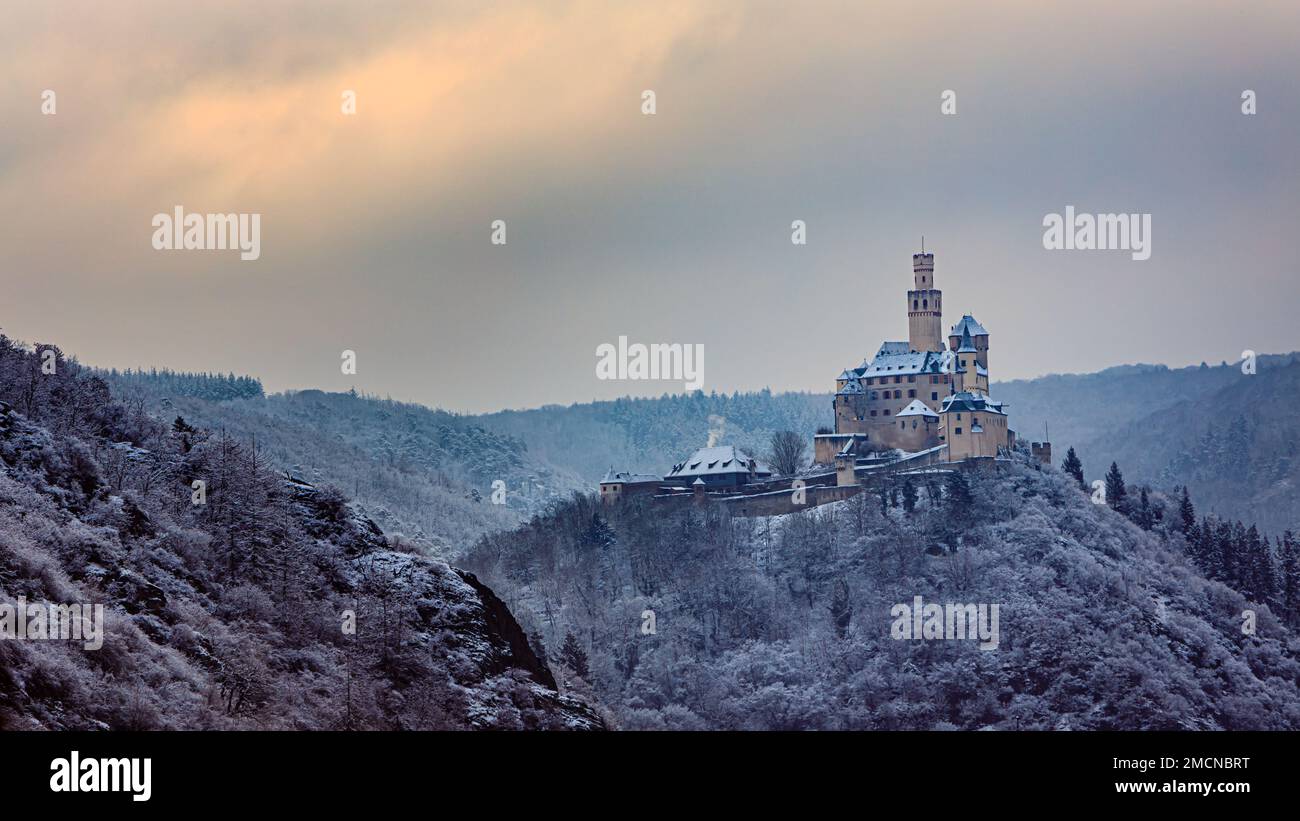 Marksburg castle at dawn in winter, panorama Stock Photo - Alamy