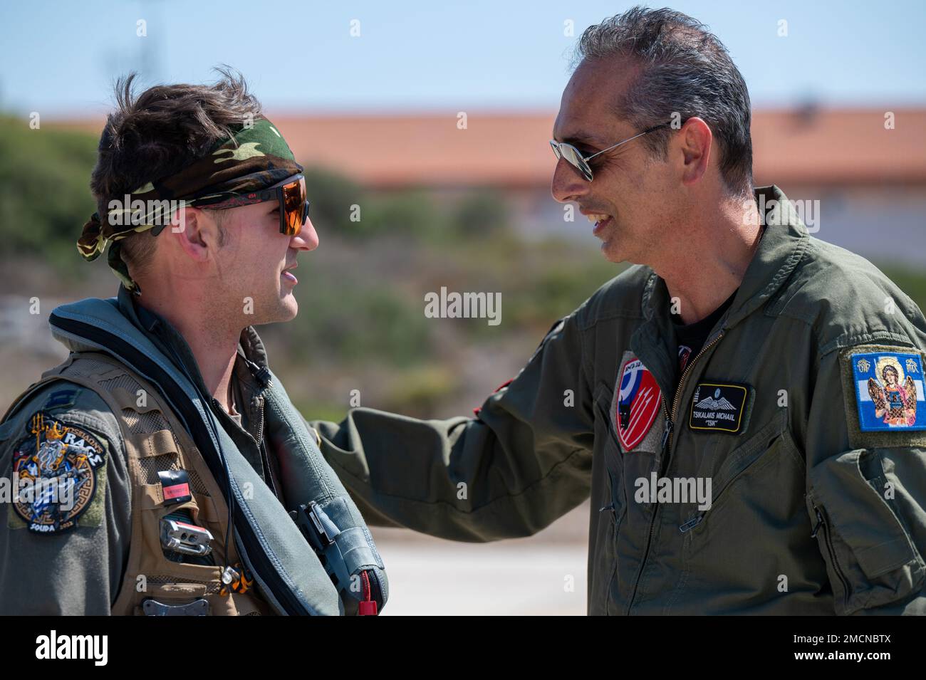 Hellenic air force Col. Tsikalakis Michail, deputy commander of the 115 Combat Wing, greets U.S ...