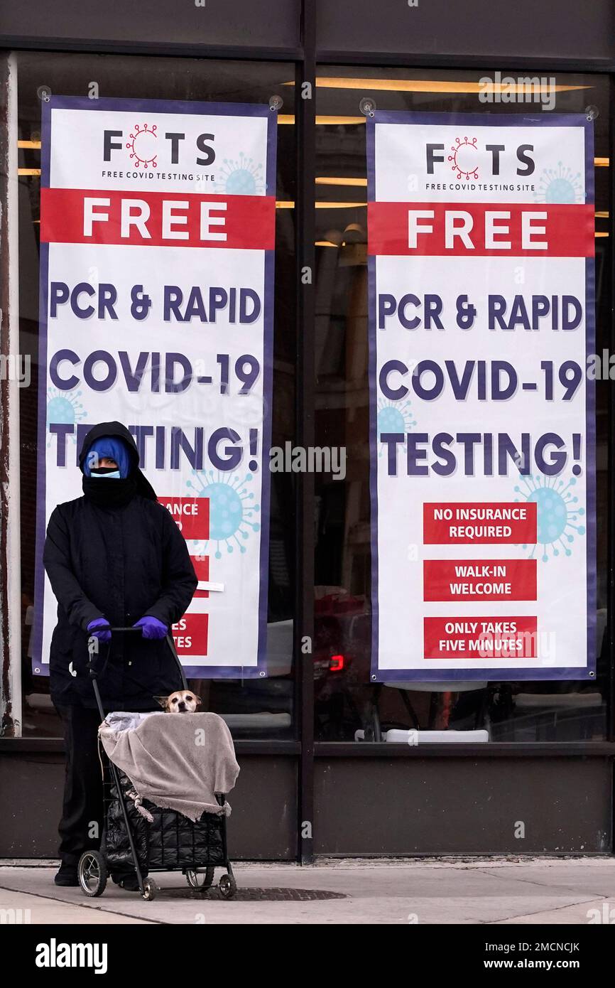 A woman and dog stand outside of a free COVID-19 testing site in ...