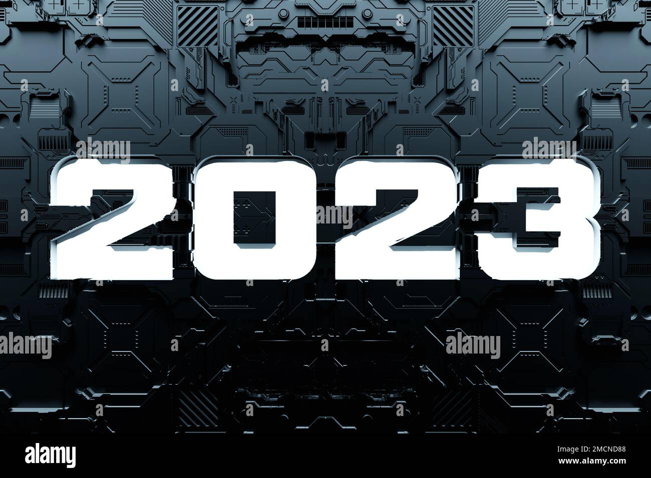 3d illustration Futuristic tech postcard with the year 2023 on the ...