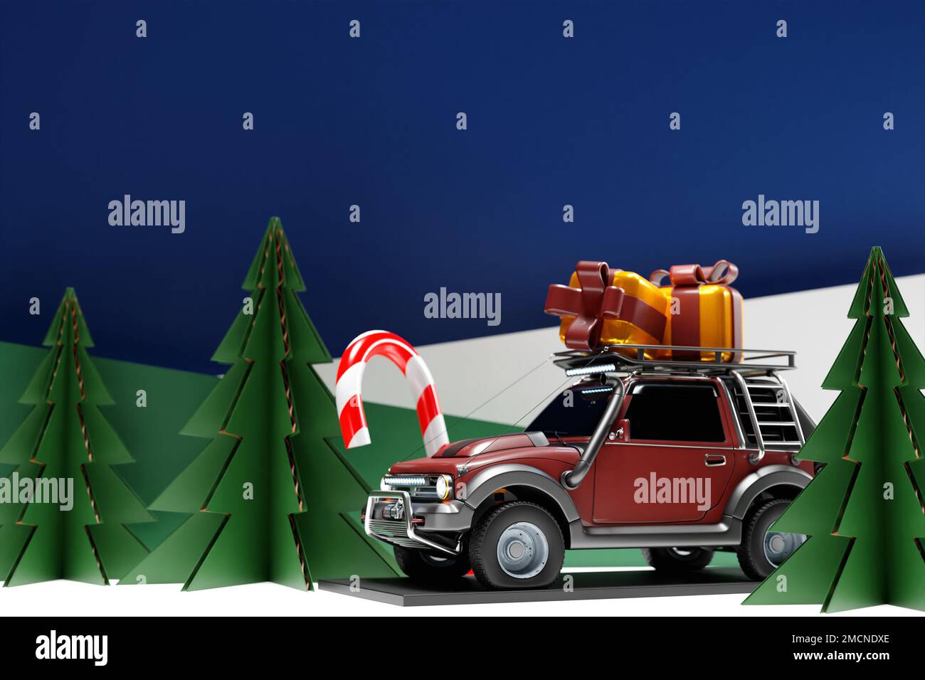 Christmas red SUV car with gift boxes on the background of a winter ...