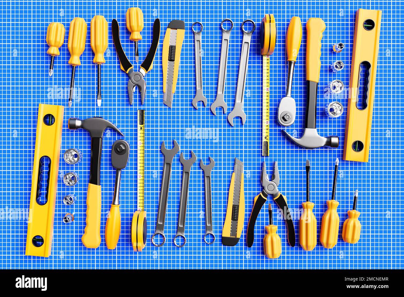 3D illustration hand tools: screwdriver, hammer, pliers, screws, etc ...