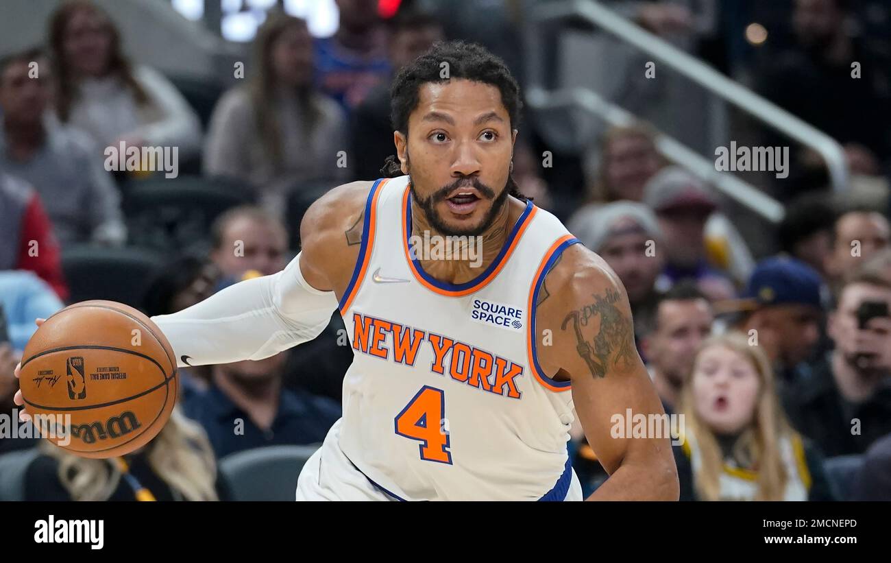 New York Knicks' Derrick Rose dribbles during the first half of an NBA ...