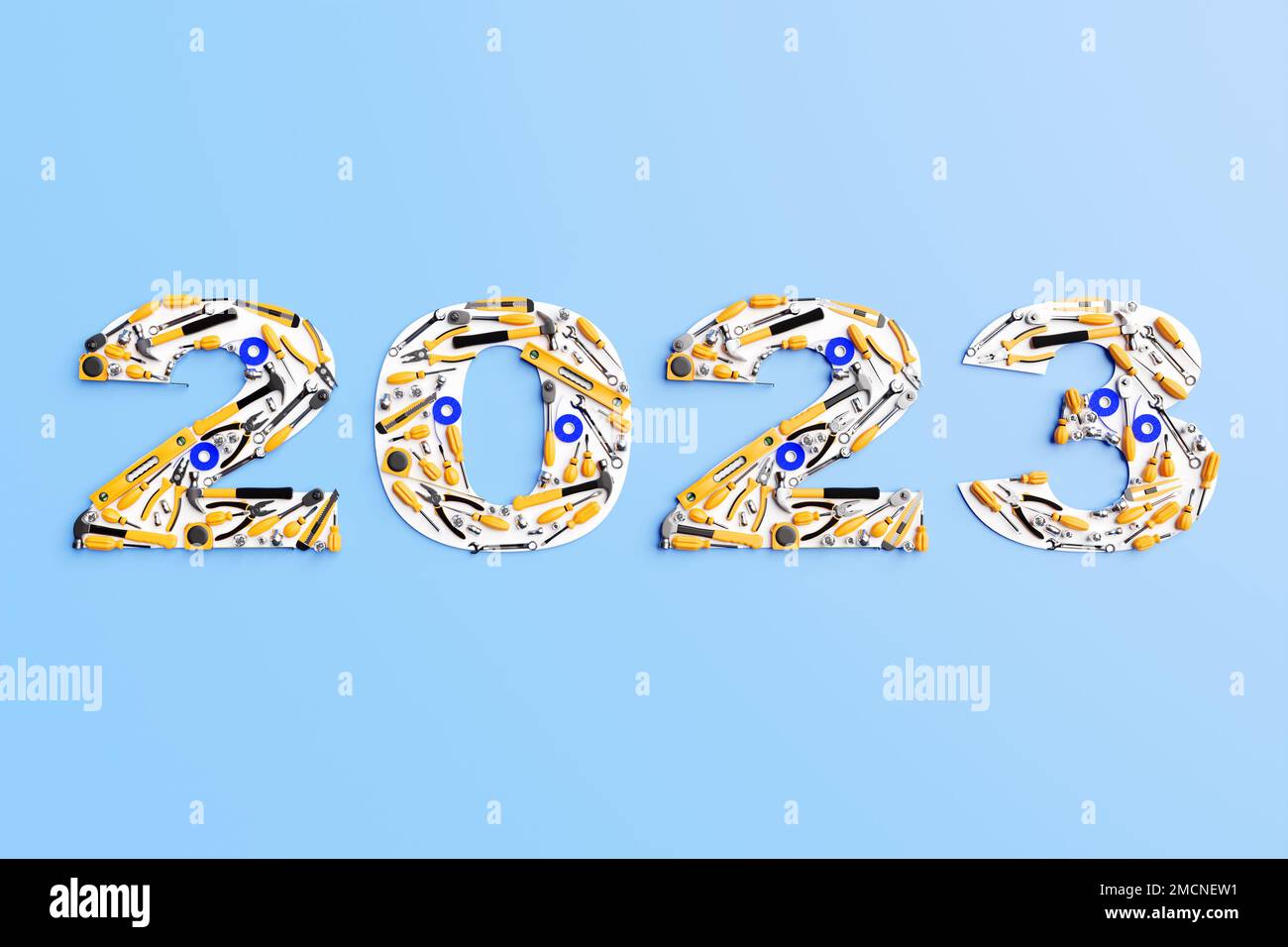3D illustration inscription 2023 metal hammer, screwdrivers, pliers ...